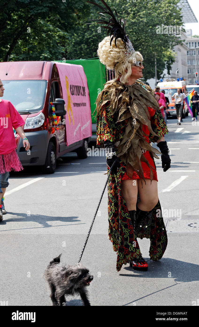 Drag queen walking a little dog on a leash, transvestite, Christopher ...