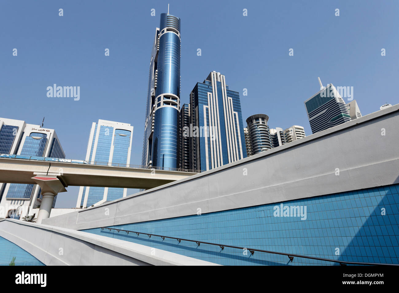 Pedestrian ramp, metro viaduct, skyscrapers, Sheikh Zayed Road, Dubai ...