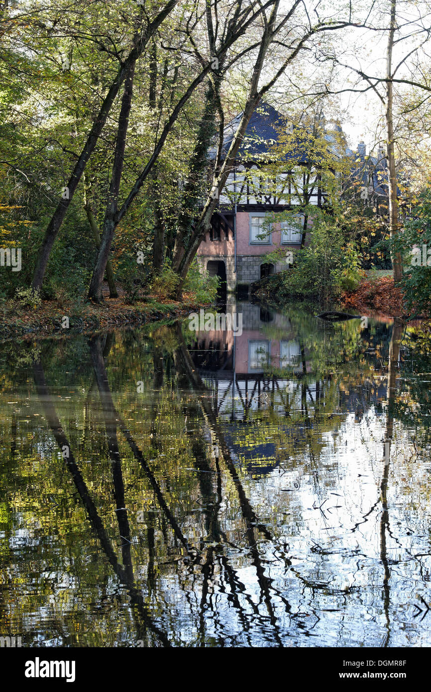 Old boat house on the pond, romantic, Schloss Eller castle, Duesseldorf ...