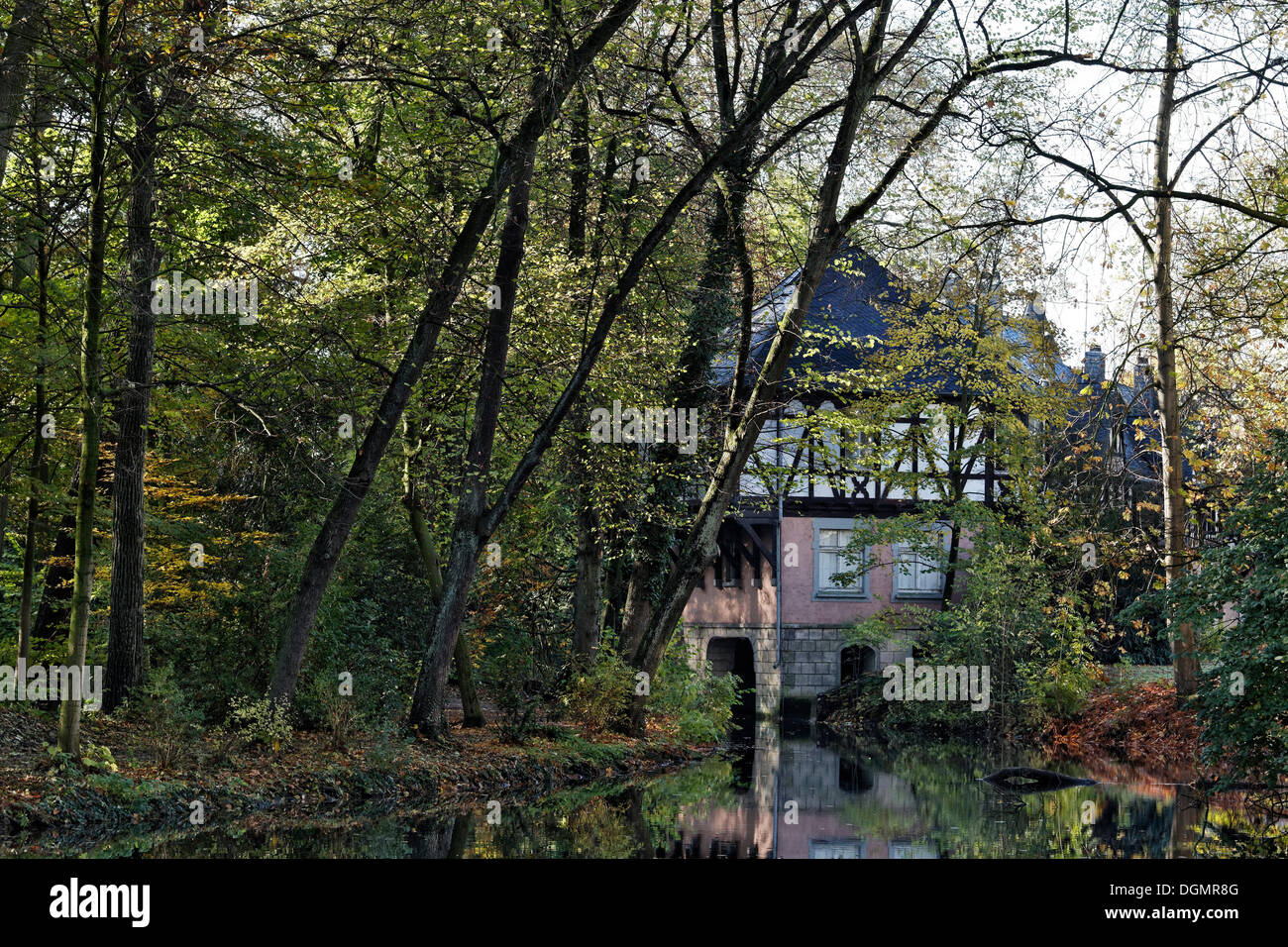Old boat house on the pond, romantic, Schloss Eller castle, Duesseldorf ...