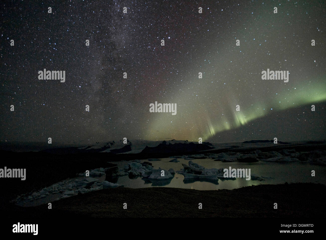 Polar lights (Aurora borealis), and the Milky Way over Joekulsarlon ...