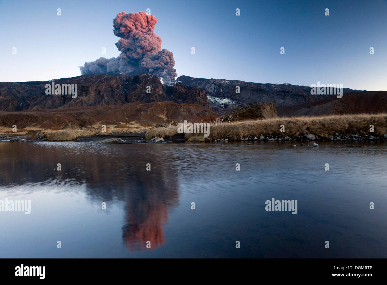 Eyjafjallajoekull volcano, the ash cloud mirroring in a small lake ...