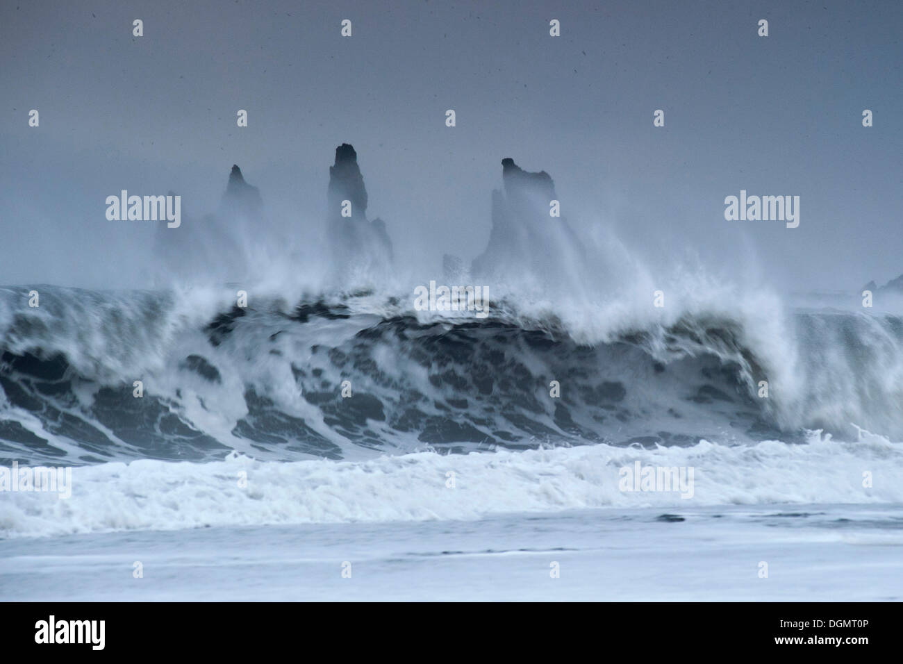 The Reynisdrangar pinnacles between by strong waves on the wintry ...