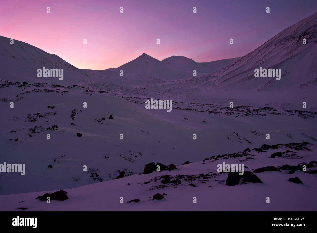 Lights during the polar night, pink-coloured sky in with a snow-covered ...