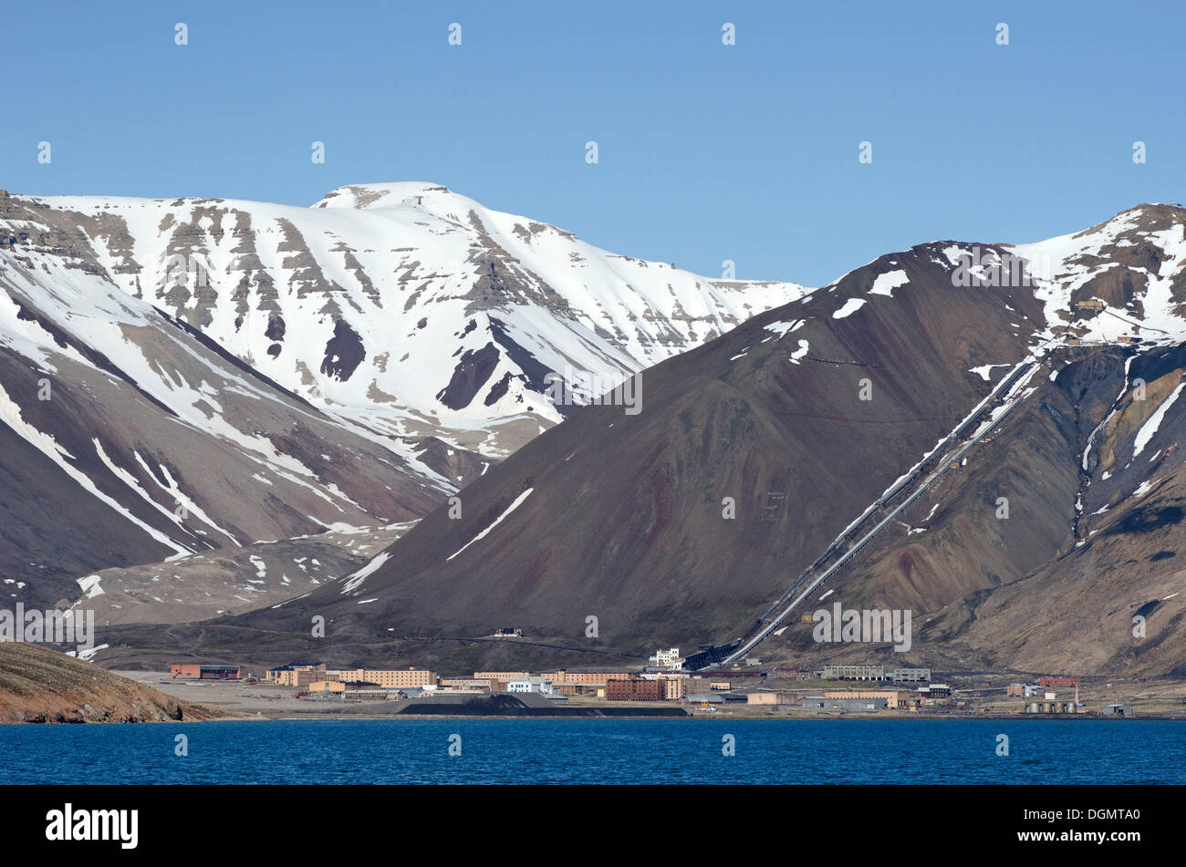 Abandoned Russian mining town of Pyramiden with the entrance to a coal ...