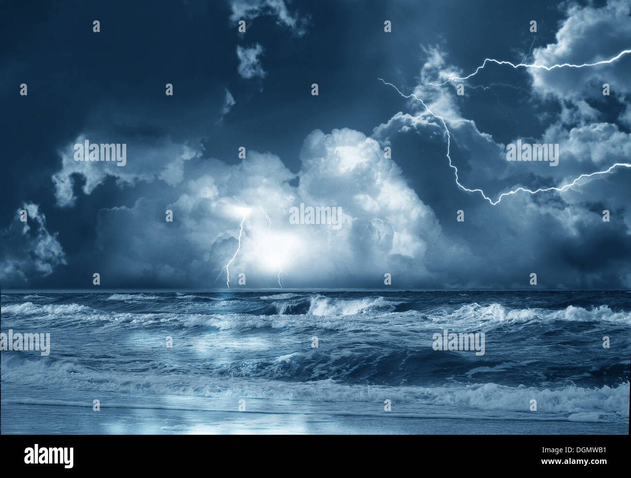 the storm on sea from lightnings on background of clouds Stock Photo ...