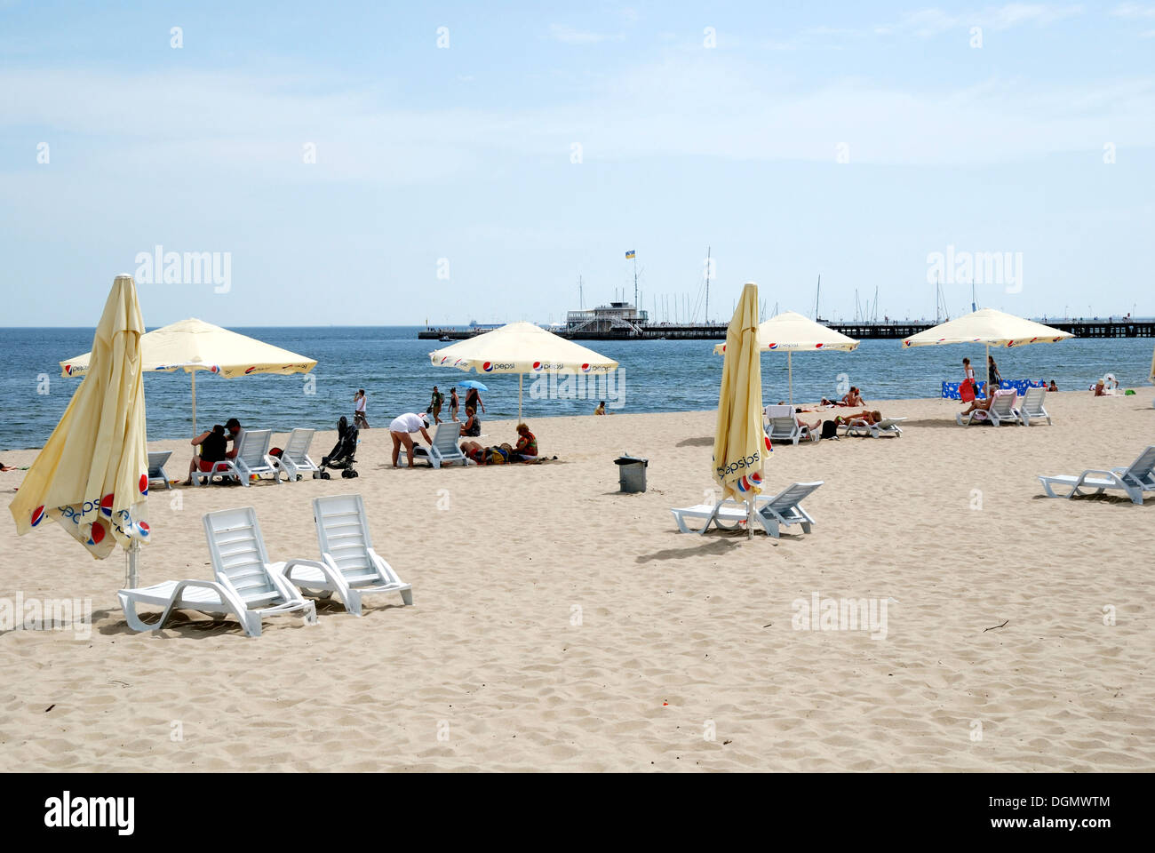 Beach with a view of the pier in the Polish Baltic resort of Sopot ...