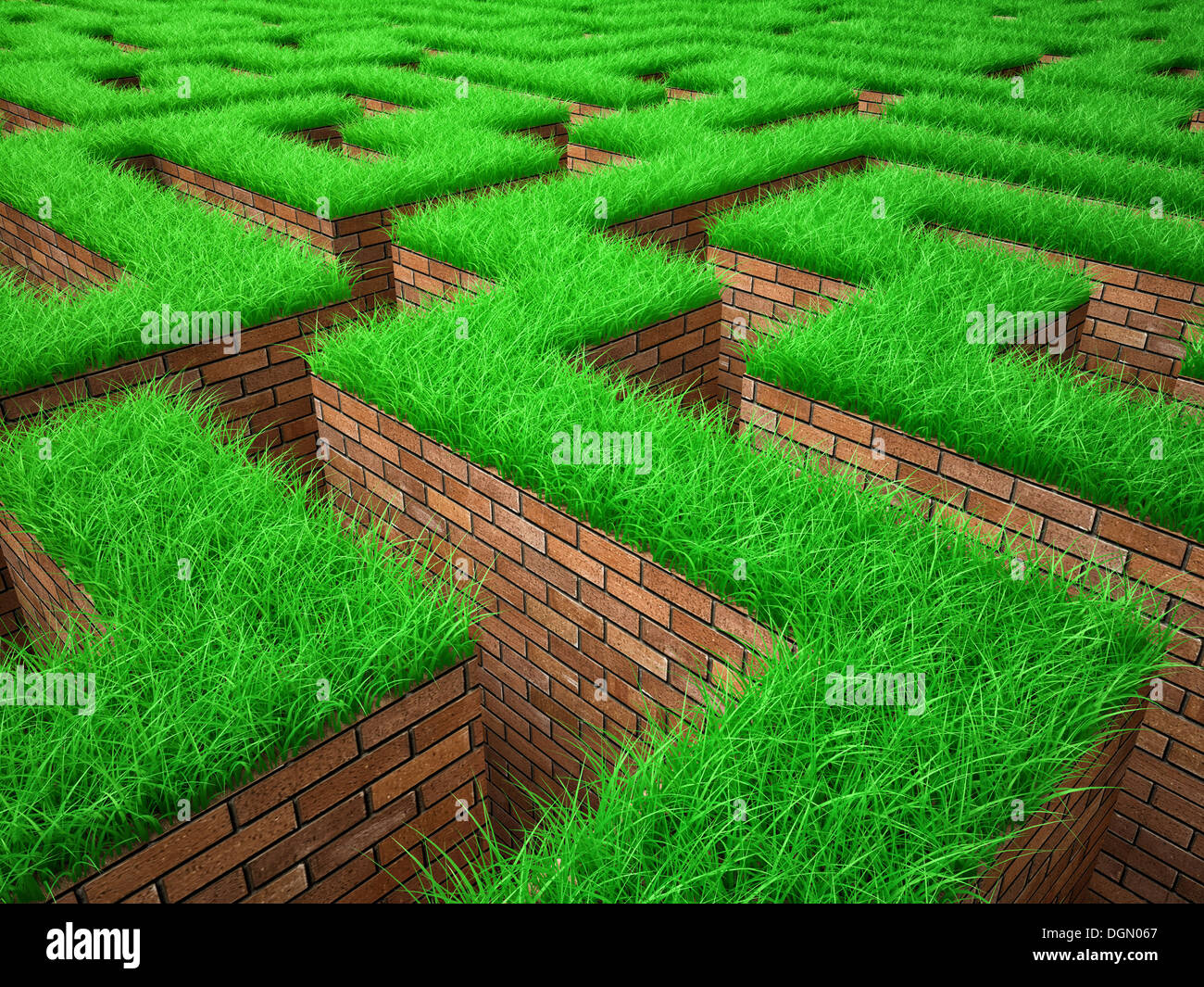 3d image of brick maze and green grass Stock Photo - Alamy