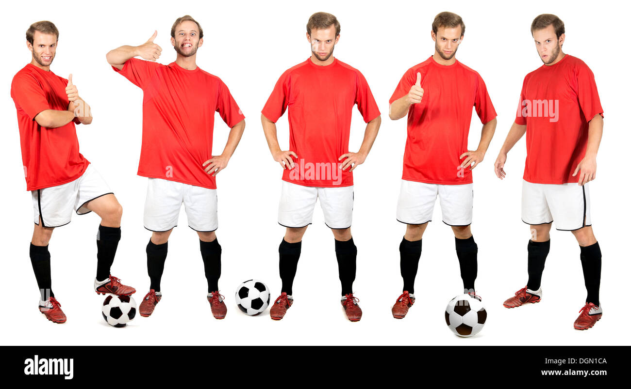 Happy football player isolated in white in several positions Stock ...