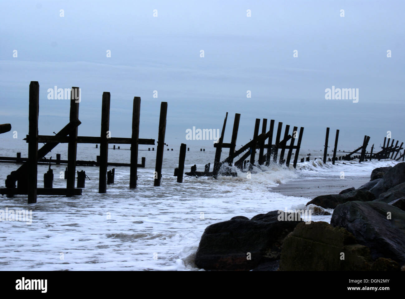 Defenses against cliff erosion from the sea at Happisbugh in Norfolk UK ...