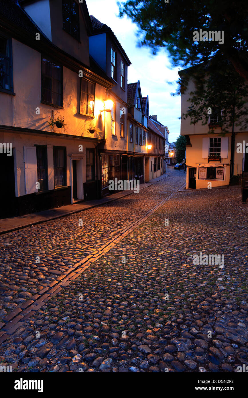Tudor period Architecture and shops, narrow cobbled street, Elm Hill ...