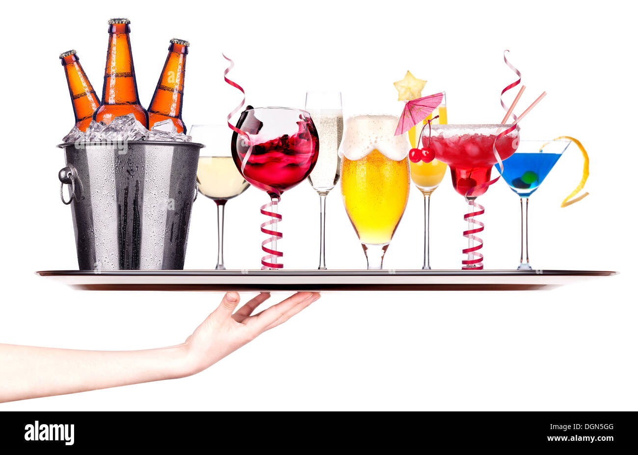 different images of alcohol isolated on a waitress tray Stock Photo - Alamy