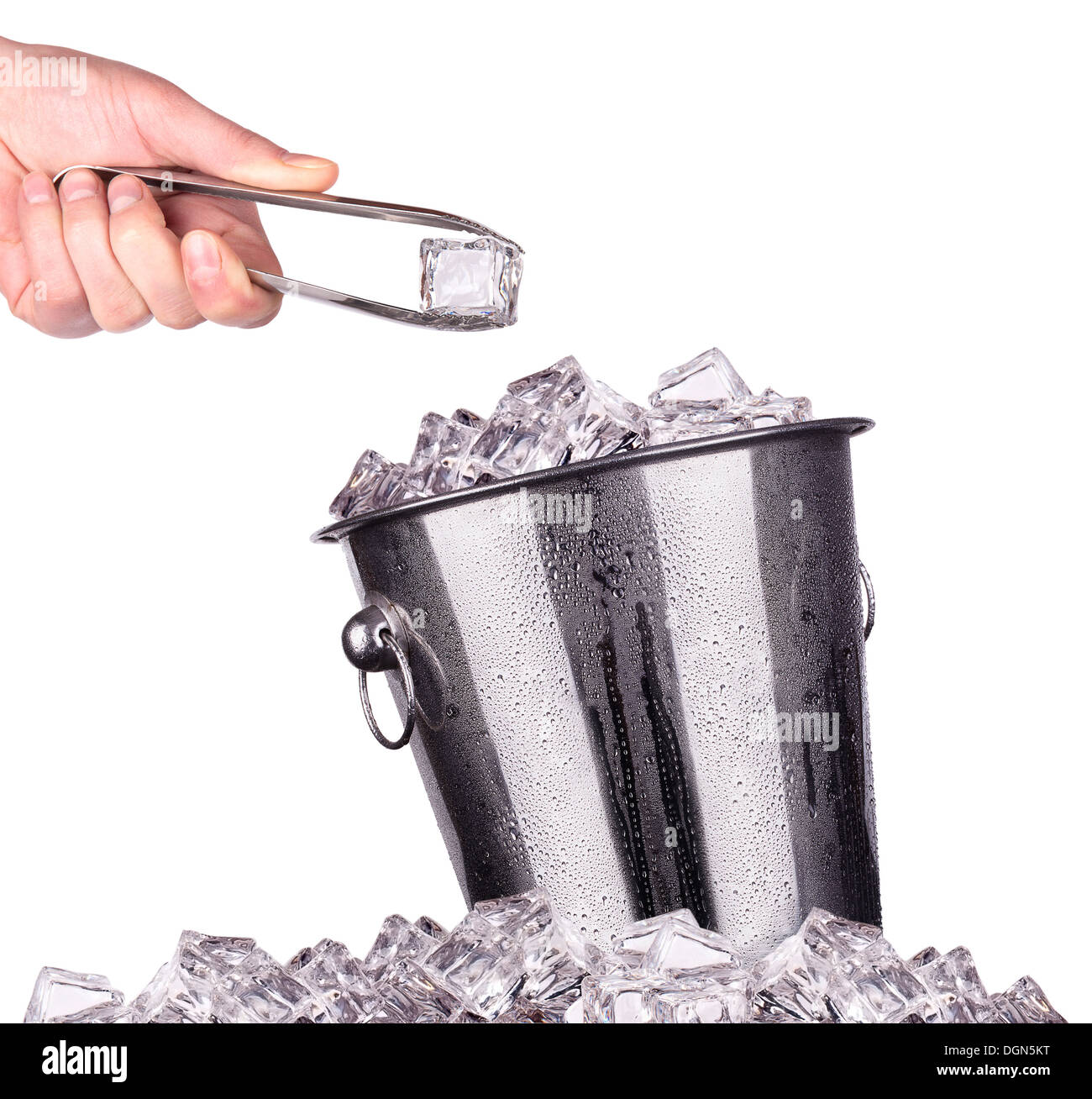 ice bucket with hand holding tongs isolated on a white background Stock ...