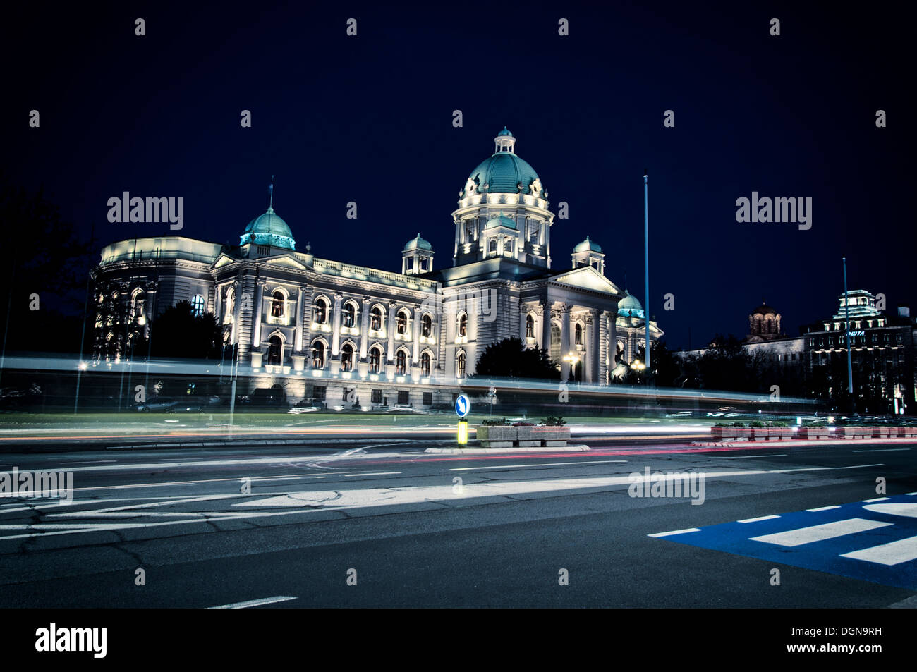 Building of Serbian National Parliament at night in long exposure Stock ...