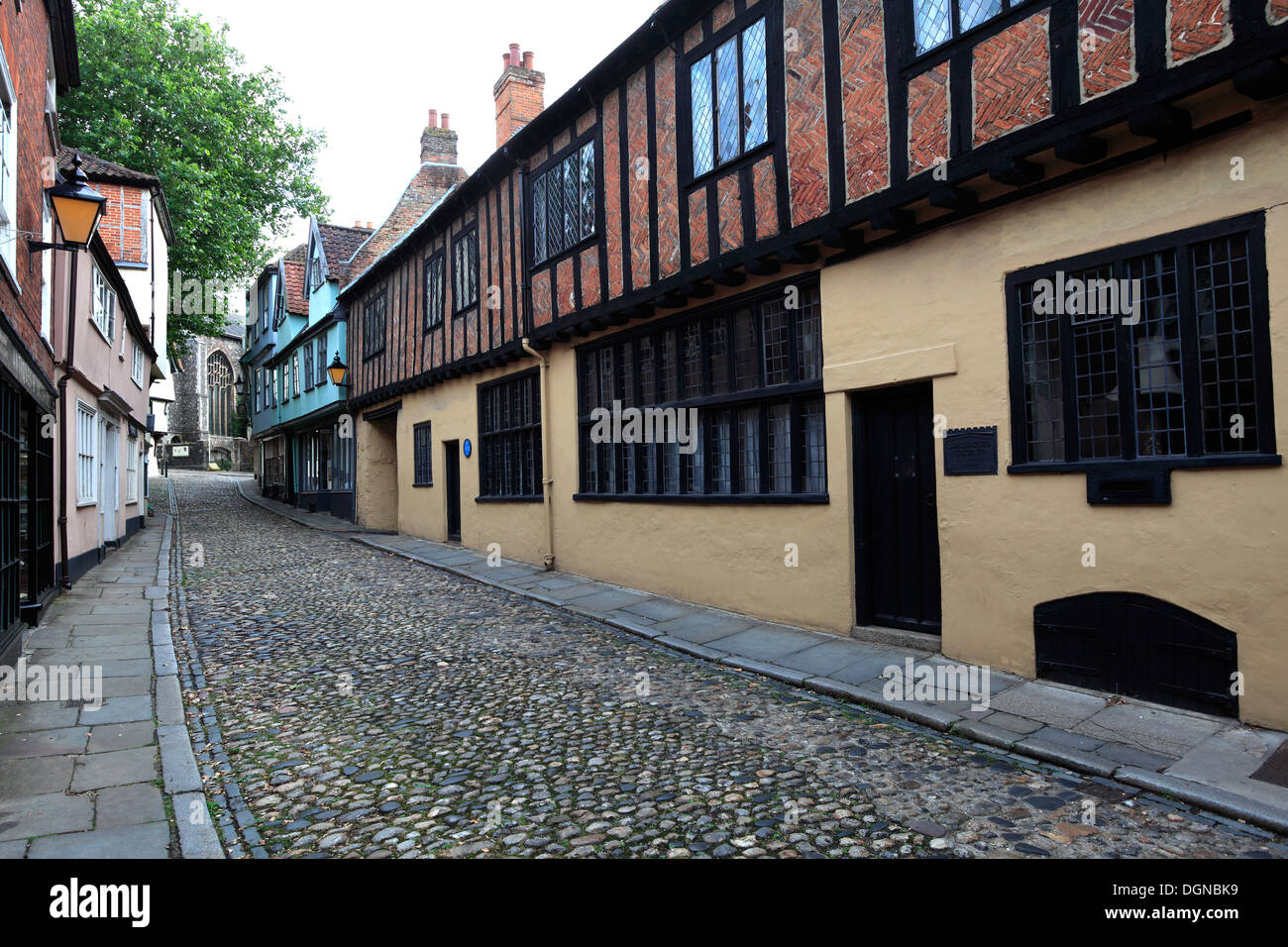 Tudor period Architecture and shops, narrow cobbled street, Elm Hill ...
