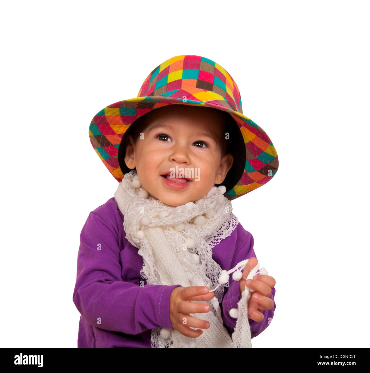 Happy little baby with hat on her head isolated on white background ...