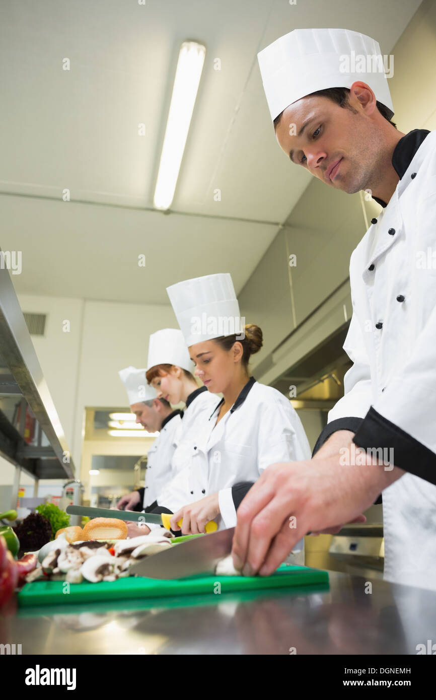 Four chefs preparing food at counter in a row Stock Photo - Alamy