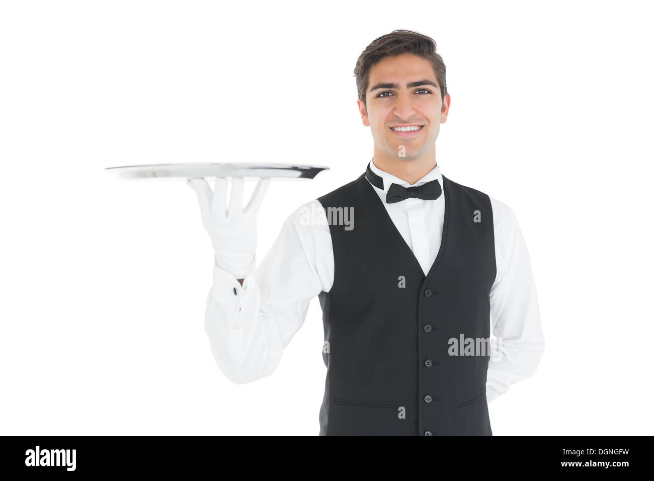 Attractive waiter presenting an empty tray Stock Photo - Alamy