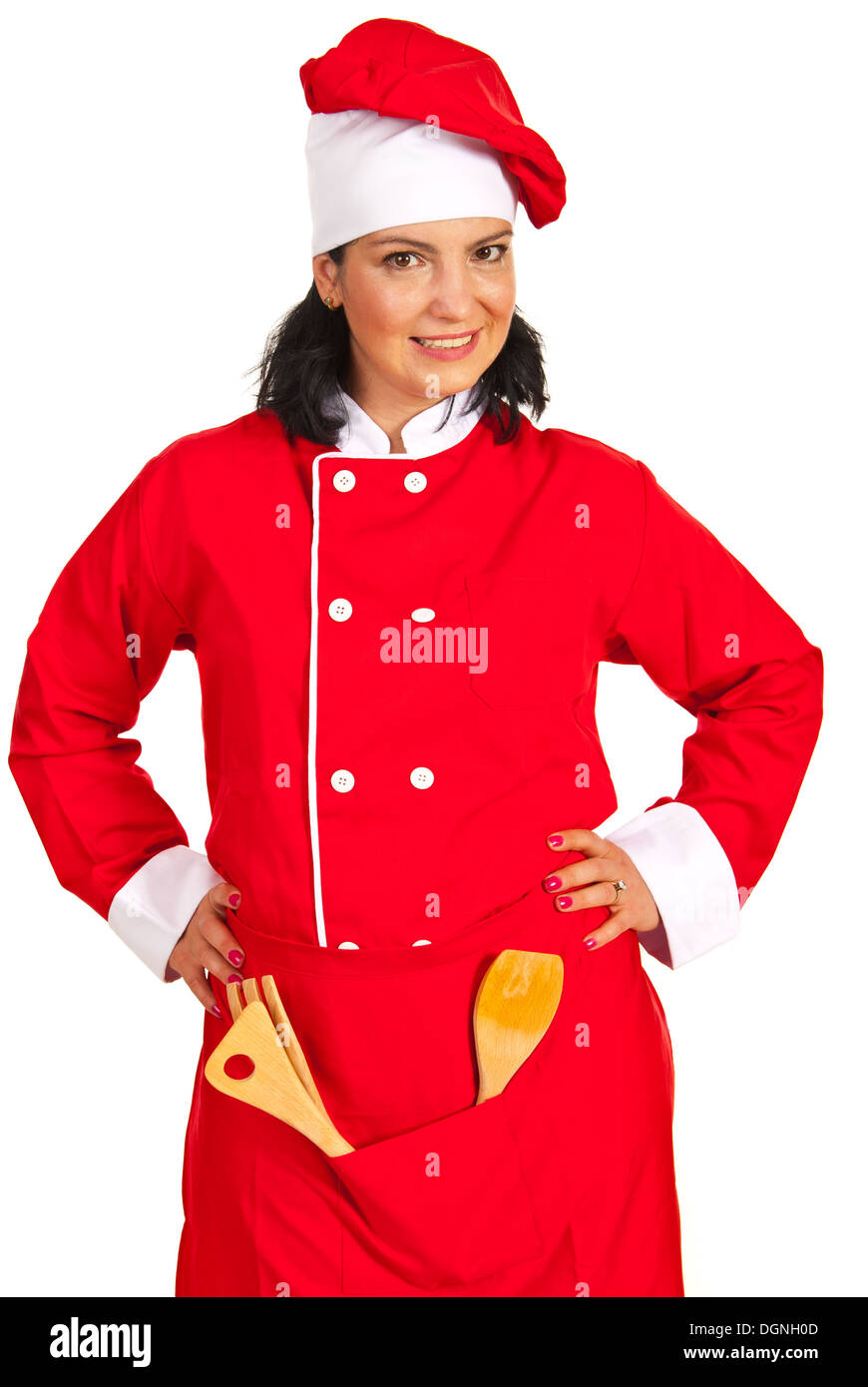 Happy chef woman with wooden kitchen utensils isolated on white ...