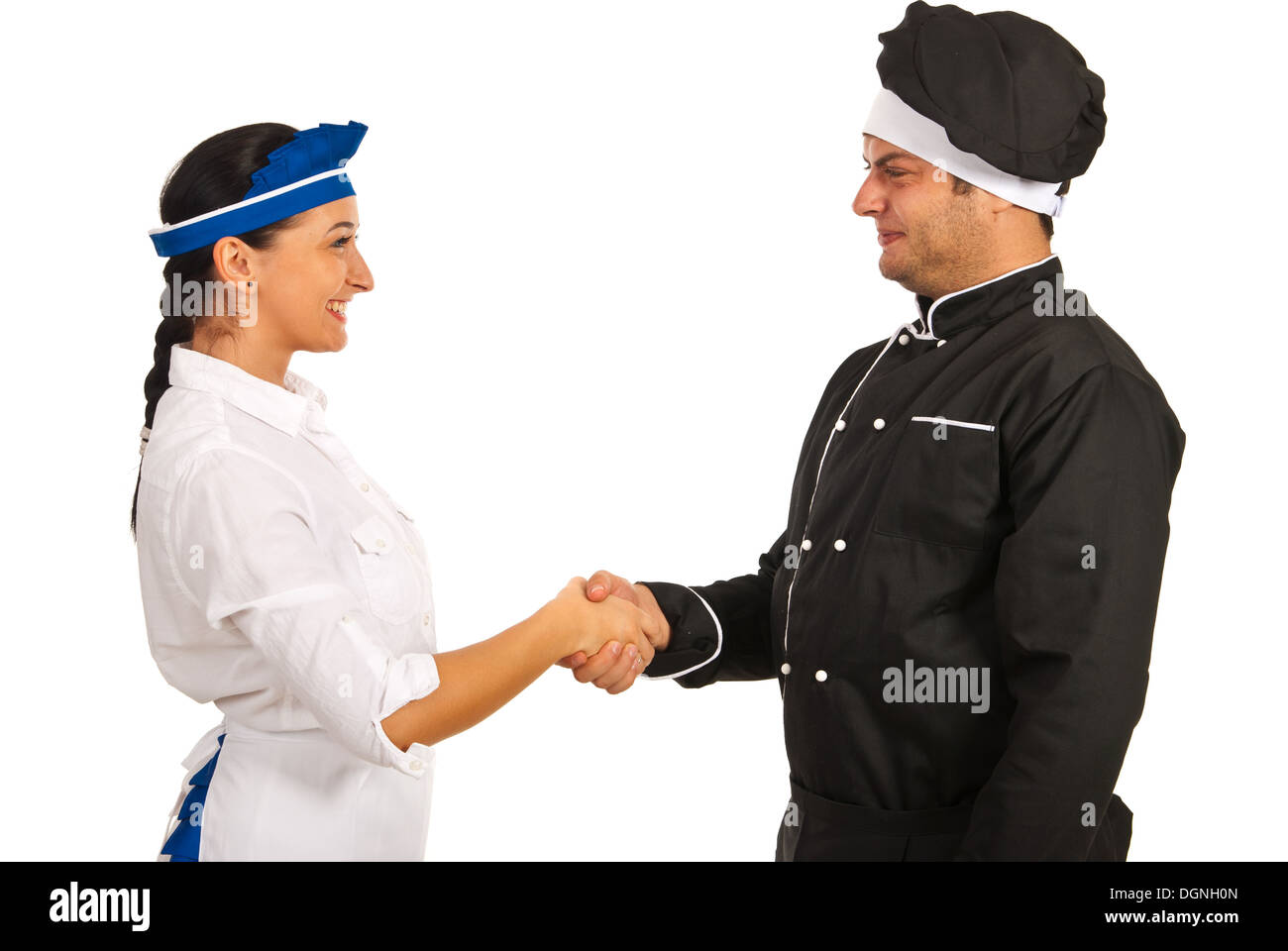 Happy chef male meeting smiling waitress isolated on white background ...