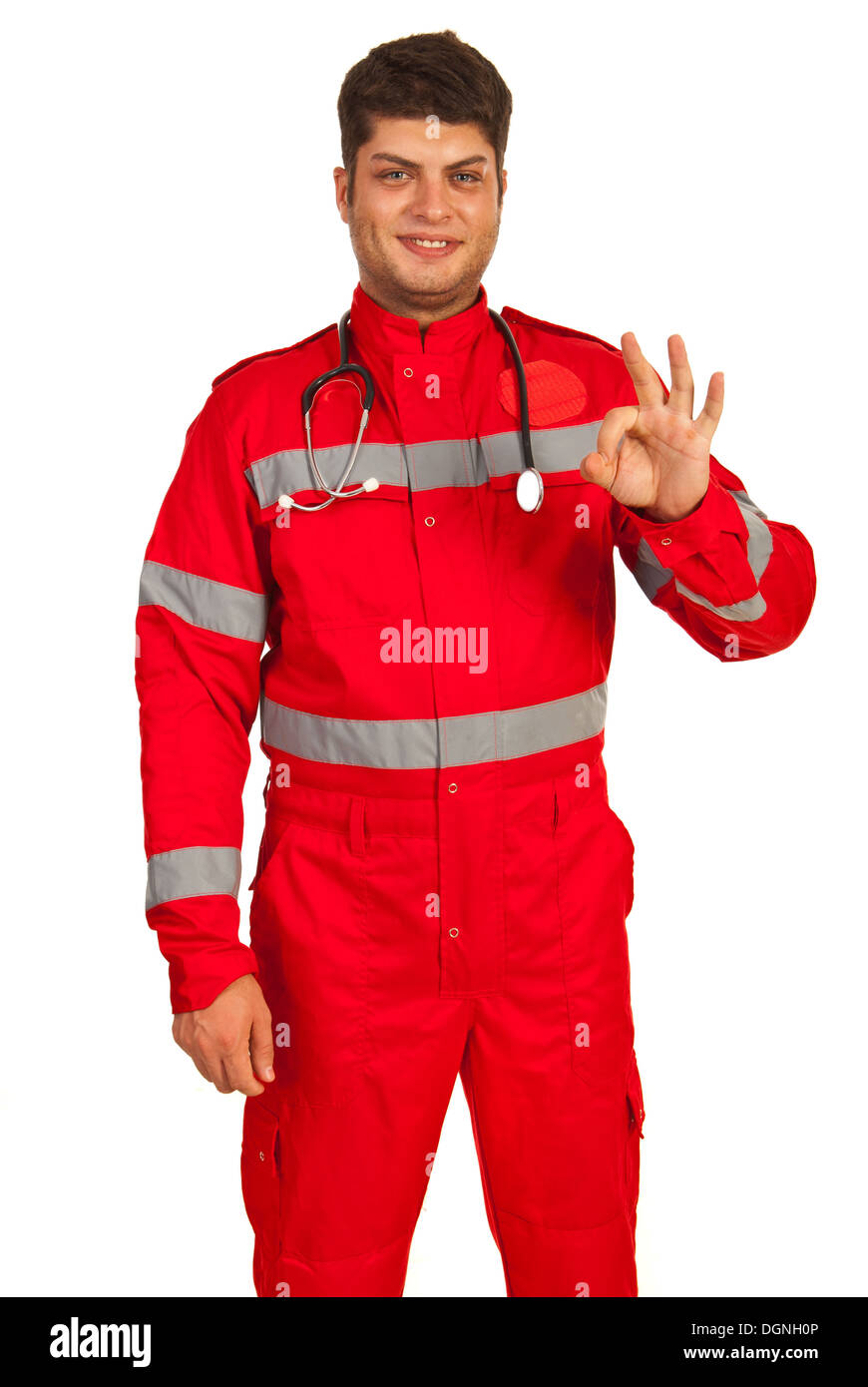 Successful paramedic man showing okay sign hand gesture isolated on ...