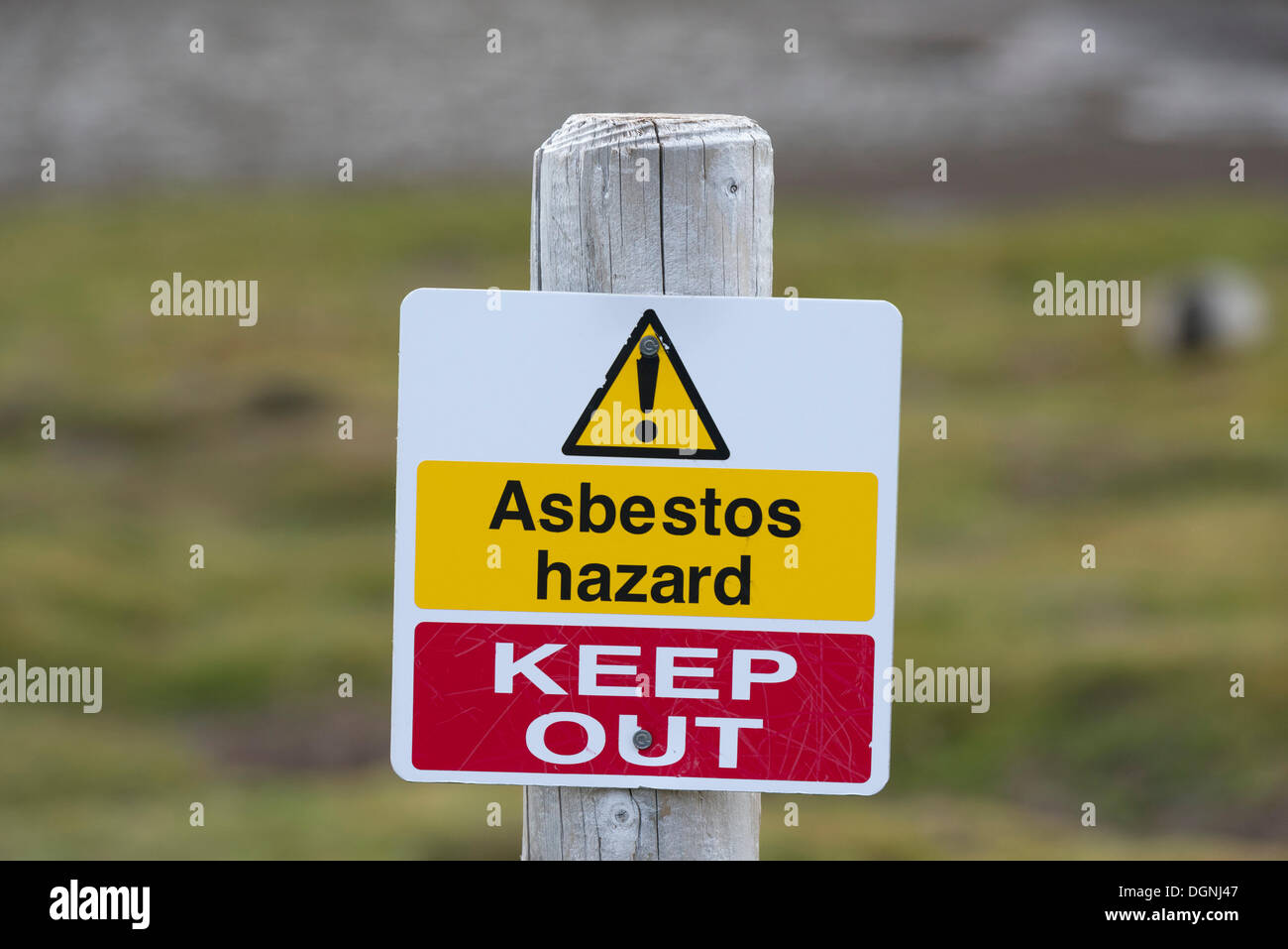 Warning sign "Asbestos hazard - keep out" at the Stromness whaling ...
