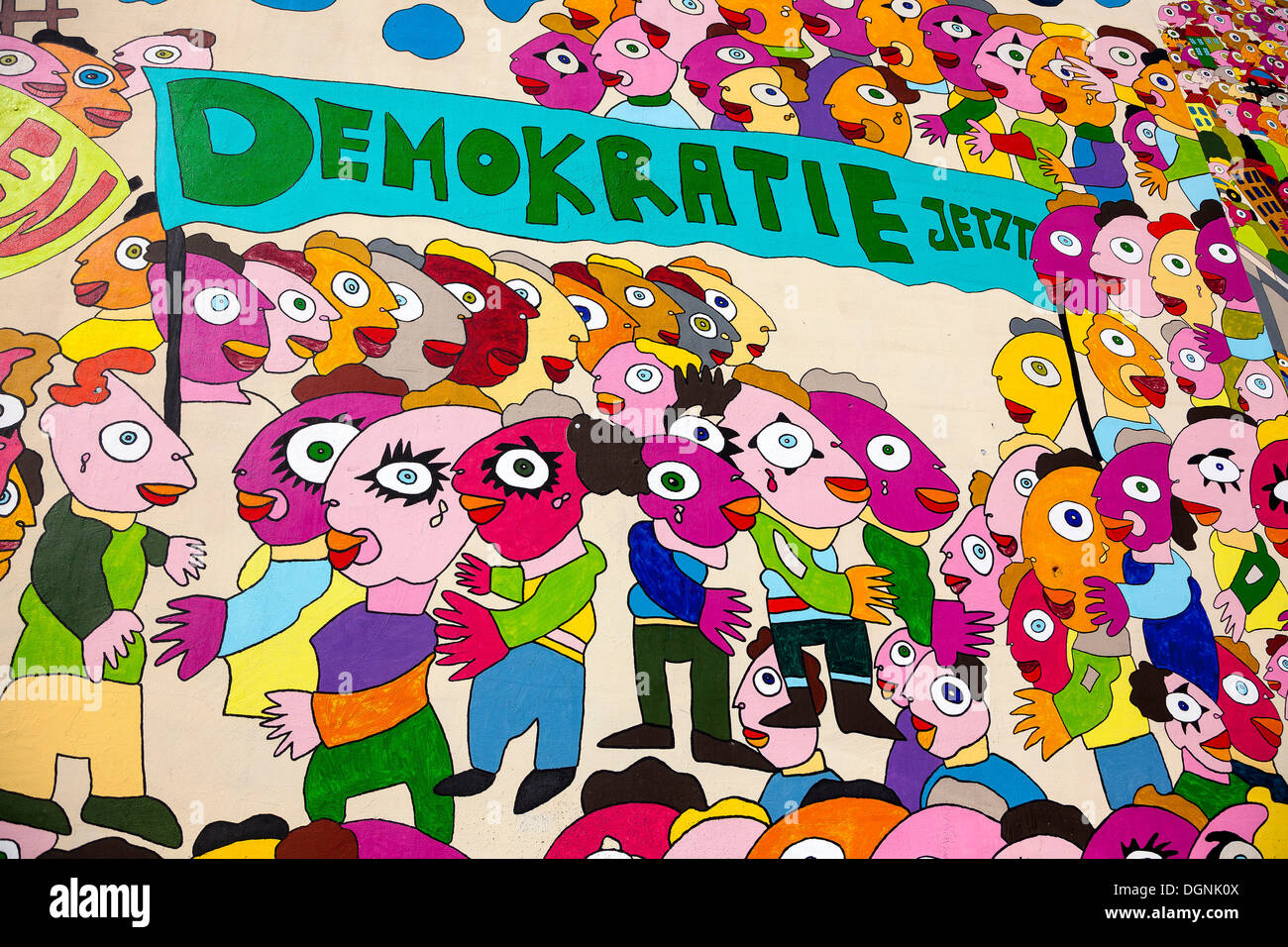 Colorful drawing of people, lettering "Demokratie jetzt", German for ...