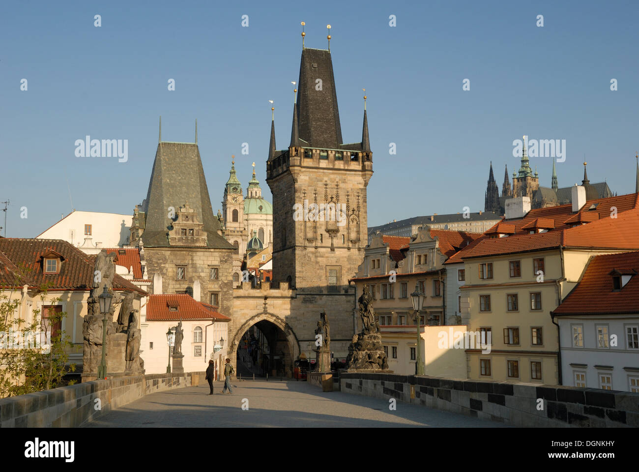 On the Charles Bridge, view to the Powder Tower, old town, UNESCO World Heritage Site, Prague ...