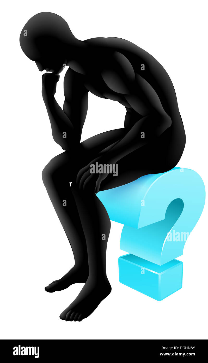 Silhouette man on question mark icon thinking in a thinker pose ...