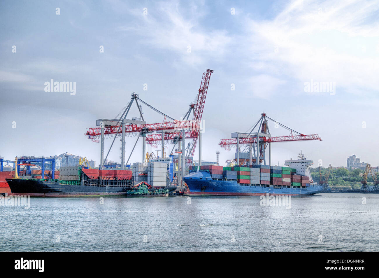 container ship in port terminal - huge freighter fully loaded Stock ...