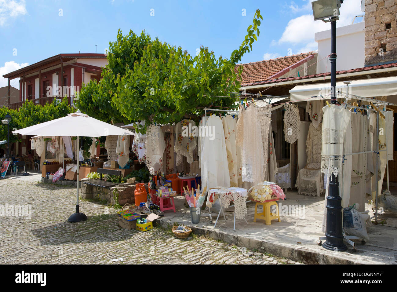 Souvenir stalls in Omodos, Troodos Mountains, Southern Cyprus, Cyprus ...