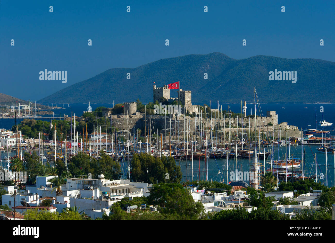 View of the historic town, harbour and St Peter's castle in Bodrum ...