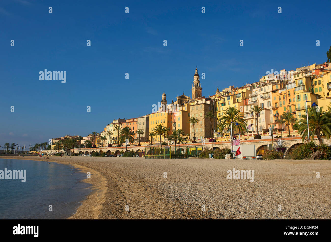 Beach and town of Menton in the morning light, Menton, Département ...
