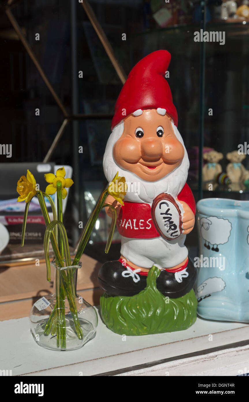 Welsh Gnome rugby player in shop window with glass daffodils Stock ...