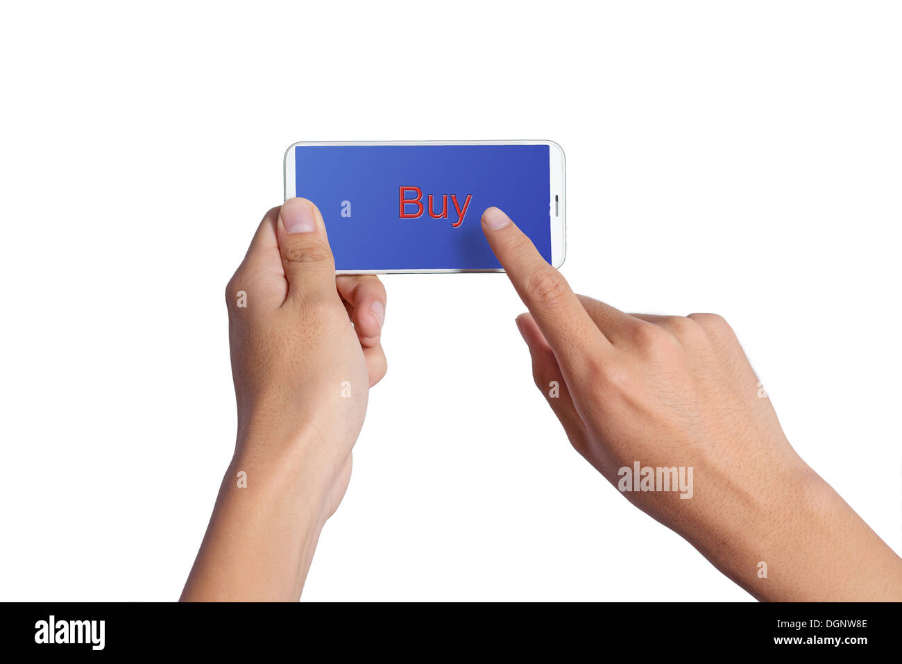 Man hand holding smart phone like iphones, finger touch Stock Photo - Alamy
