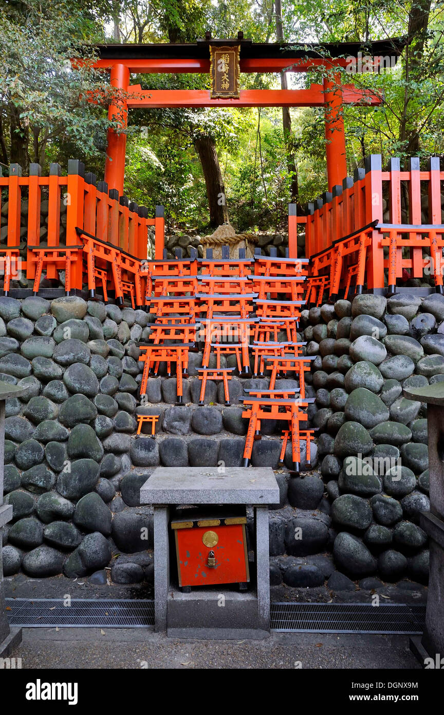 Torii at a sacred place in the forest, many small Torii as votive ...