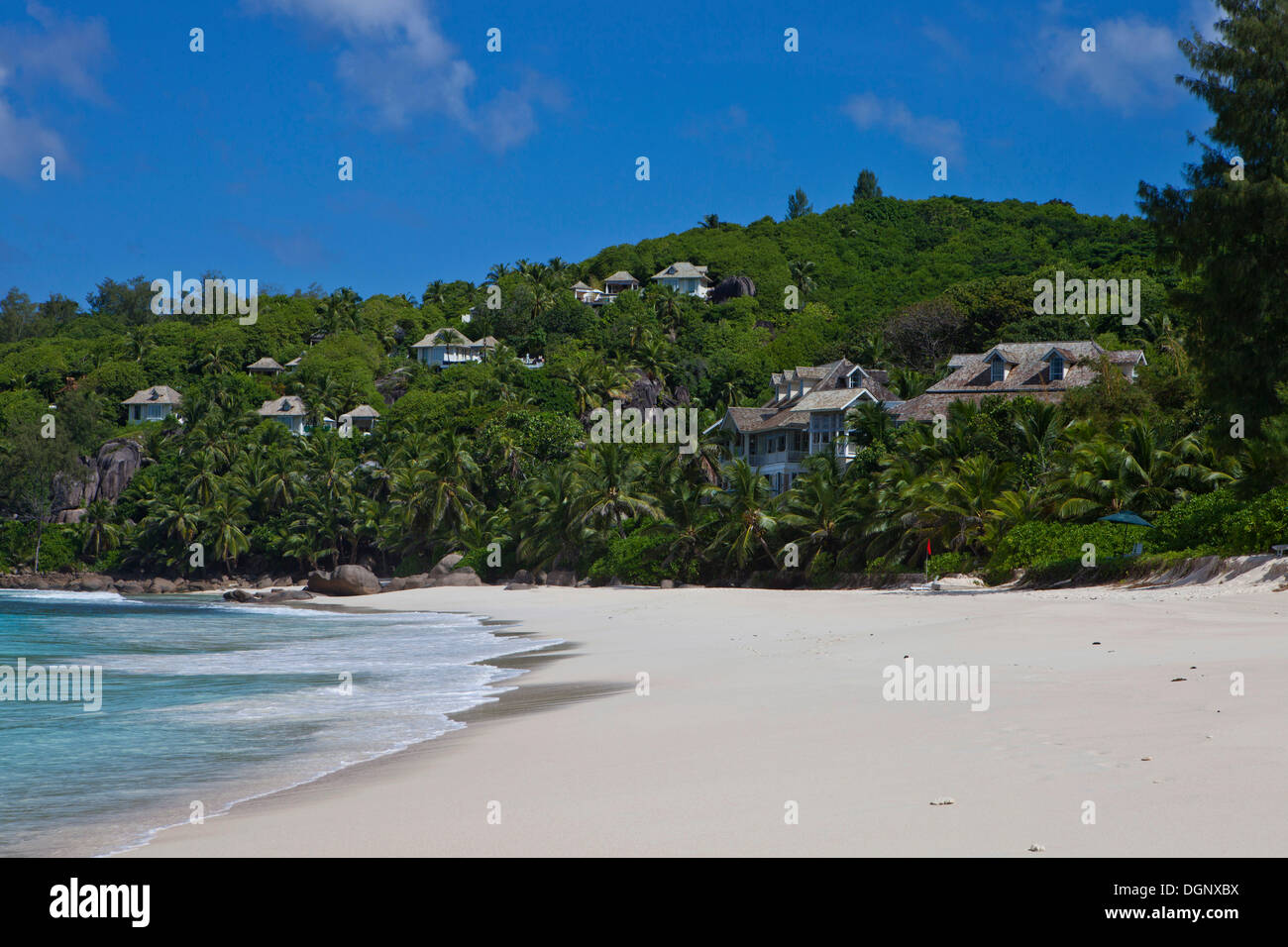 Beach Anse Intendance and the Banyan Tree Hotel, Southern Mahe, Mahe ...