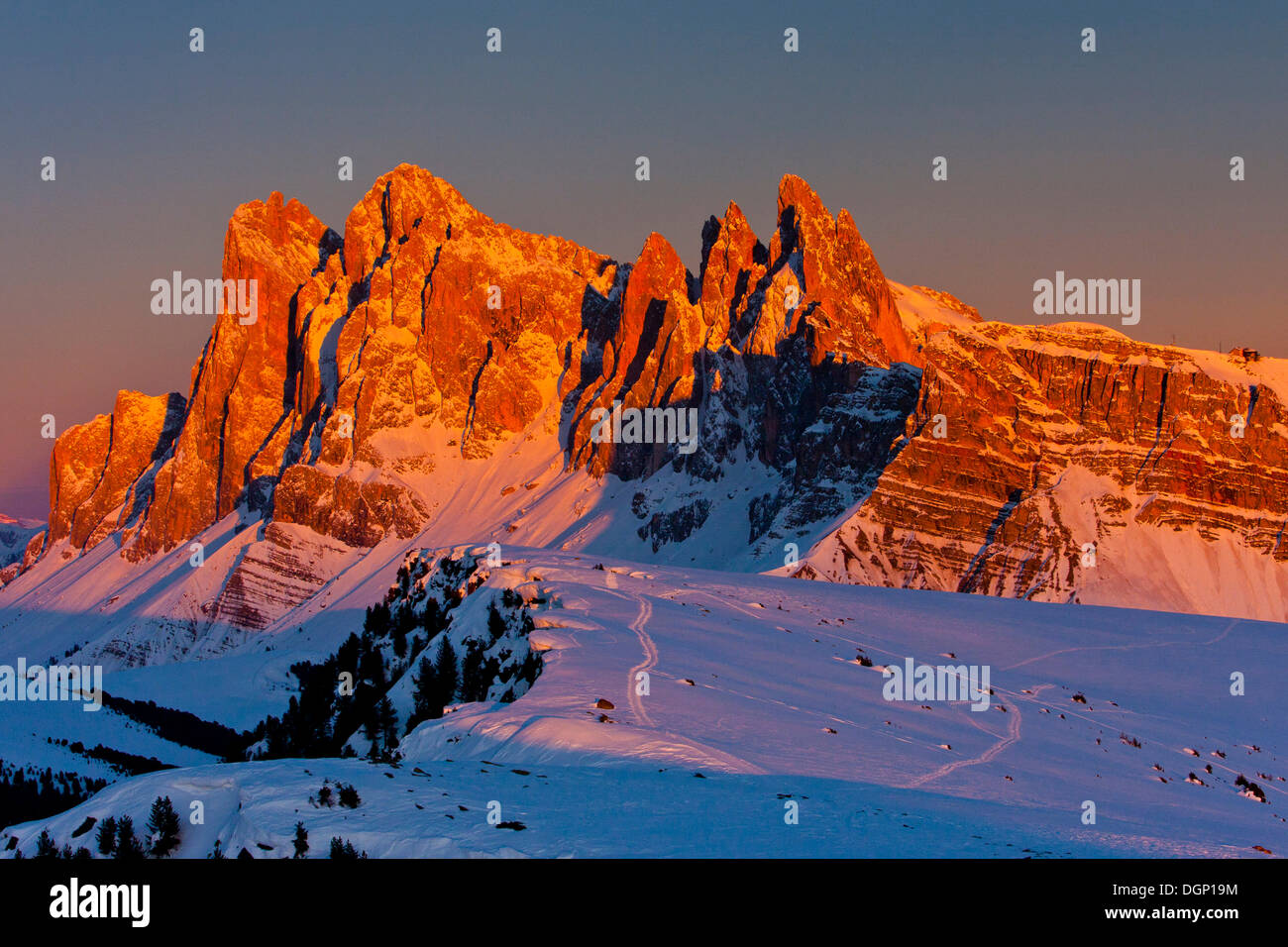 Mt Seceda and the Mt Odles at sunset, Rasciesa above Val Gardena ...