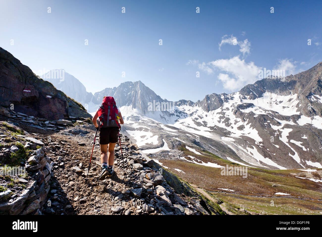 Hiker on the Merano High Mountain Trail ascending to Hohen Wilden ...