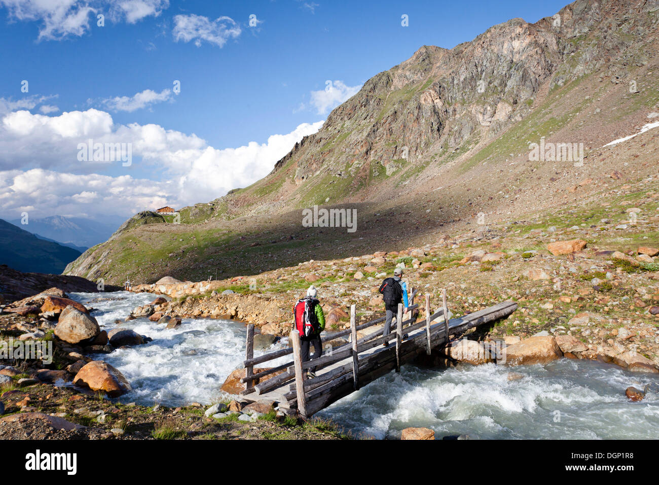 Hikers in the Martell Valley with Martell Hut in the distance, Alpen ...