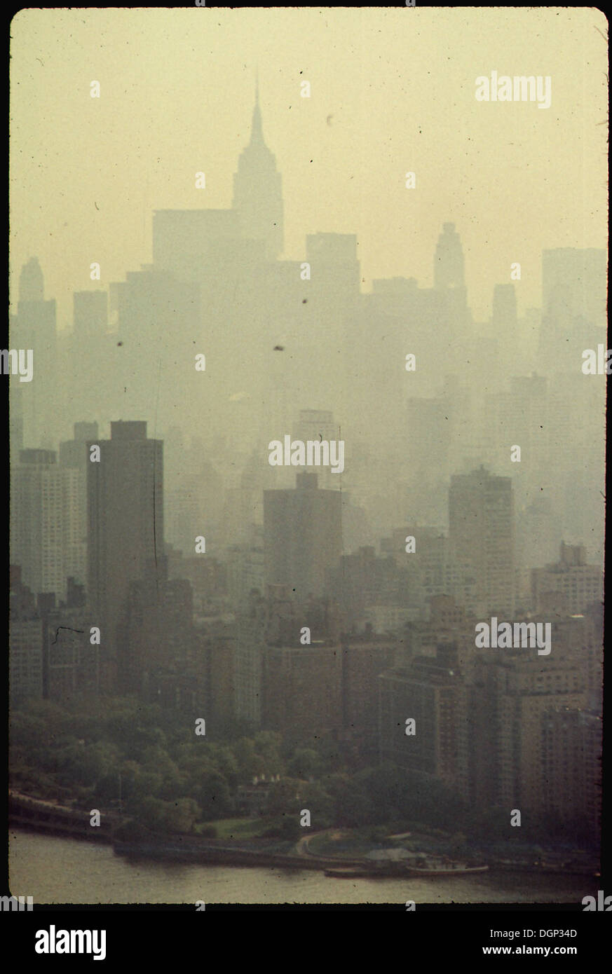 The skyscrapers of Manhattan are obscured by smog in this photograph ...