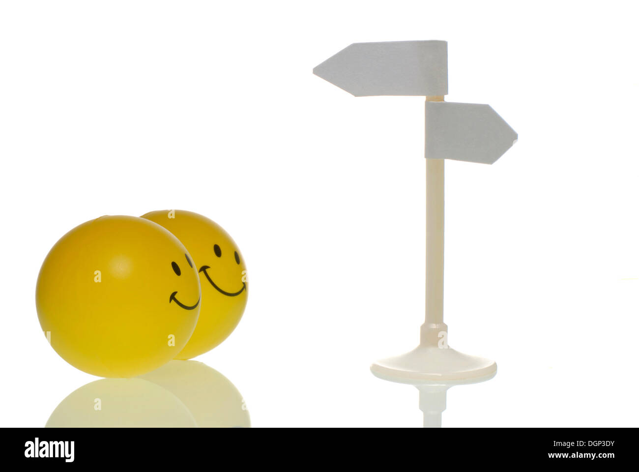 Two smileys looking at a blank direction sign, symbolic image for ...