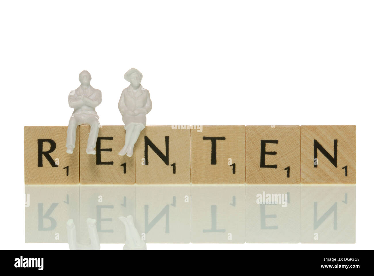 Two figures sitting, waiting on letter tiles forming the word "Renten ...