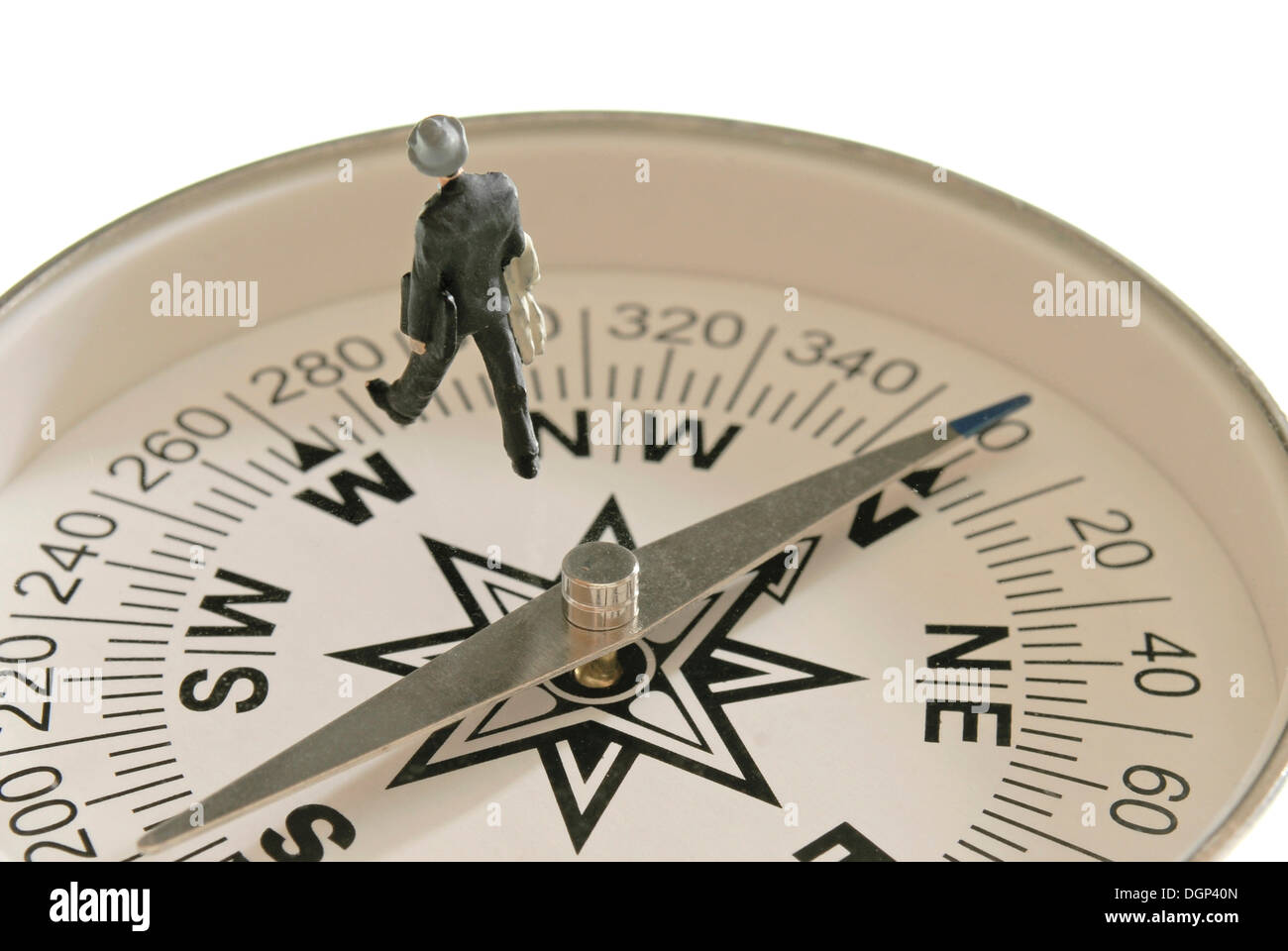Miniature business man figure walking west on a compass which is ...