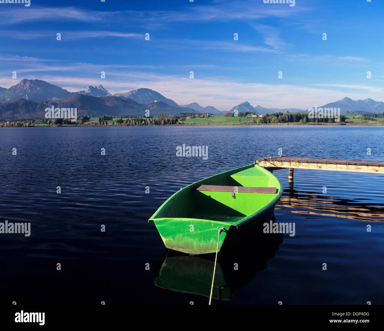 Boat on the Hopfensee lake, Ostallgaeu district, Allgaeu, Bavaria Stock ...