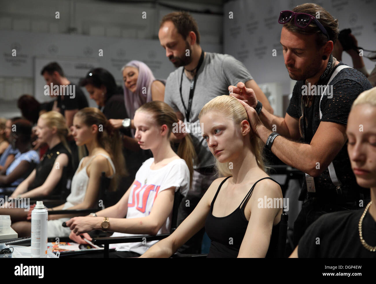 Berlin, Germany, hair styling of the models at Fashion Week Stock Photo ...