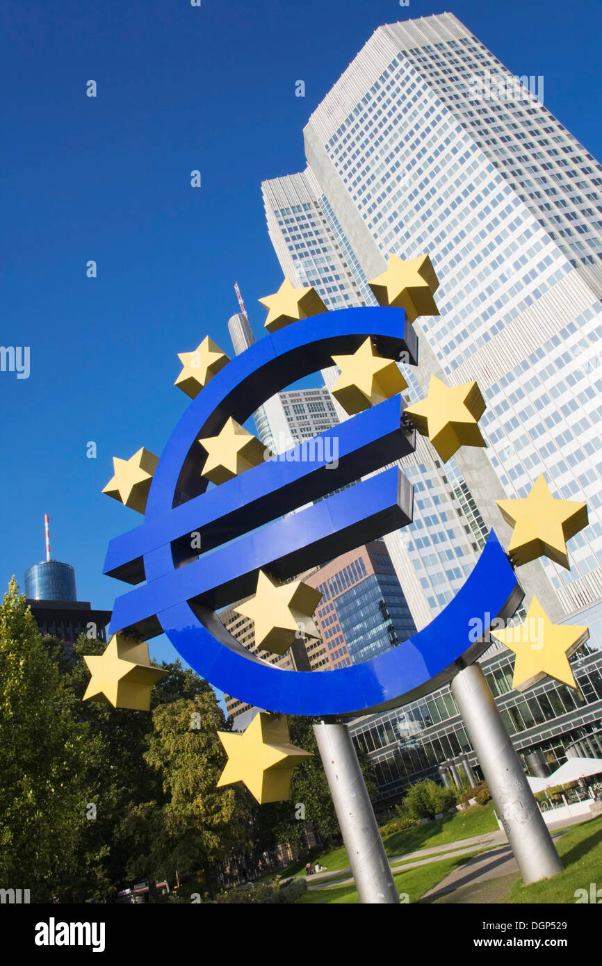 Euro symbol in front of Eurotower, Frankfurt, Hesse Stock Photo - Alamy