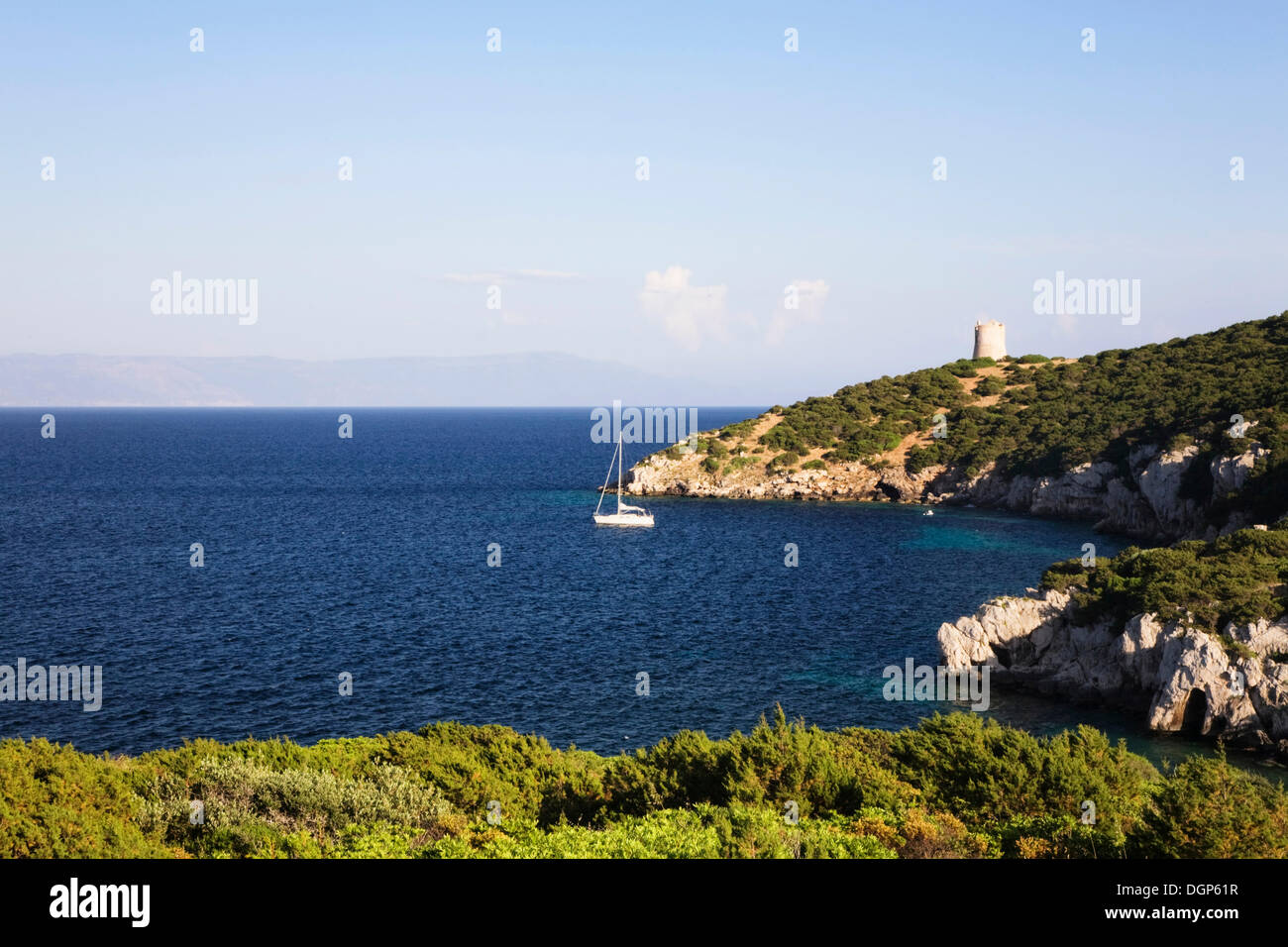 Saracen Tower in the bay of Porto Conte, Sardinia, Italy, Europe Stock ...