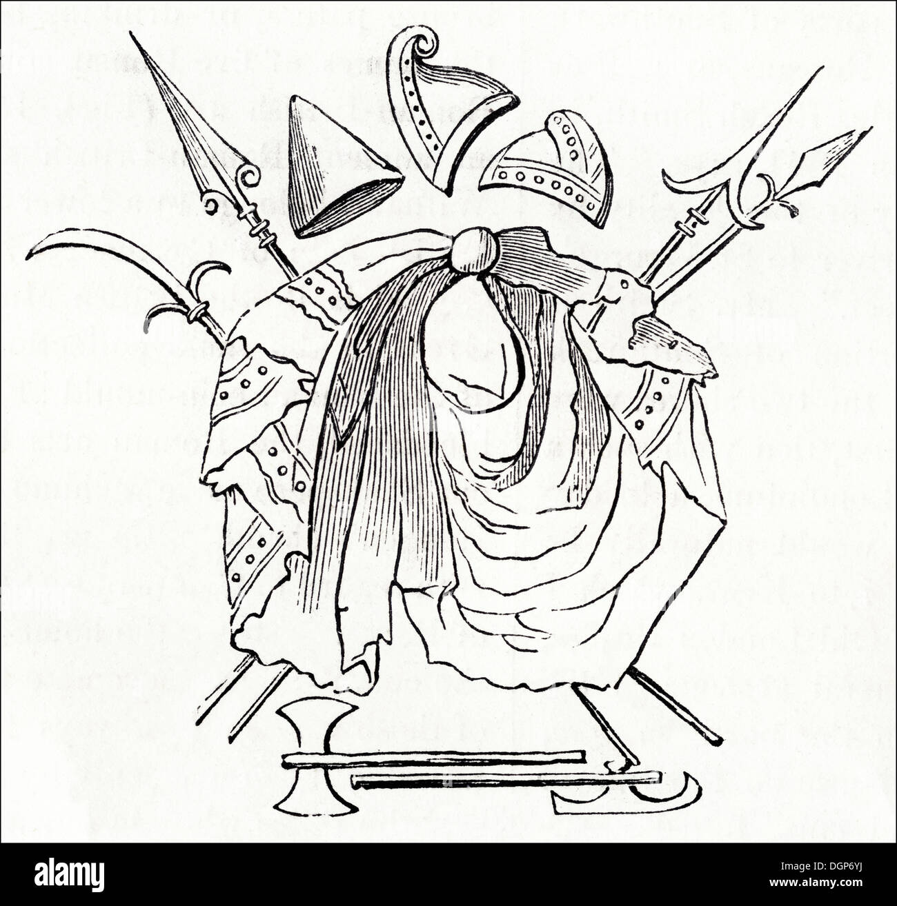 Anglo Saxon Britain. Anglo-Saxon mantle, helmets and weapons. Victorian ...