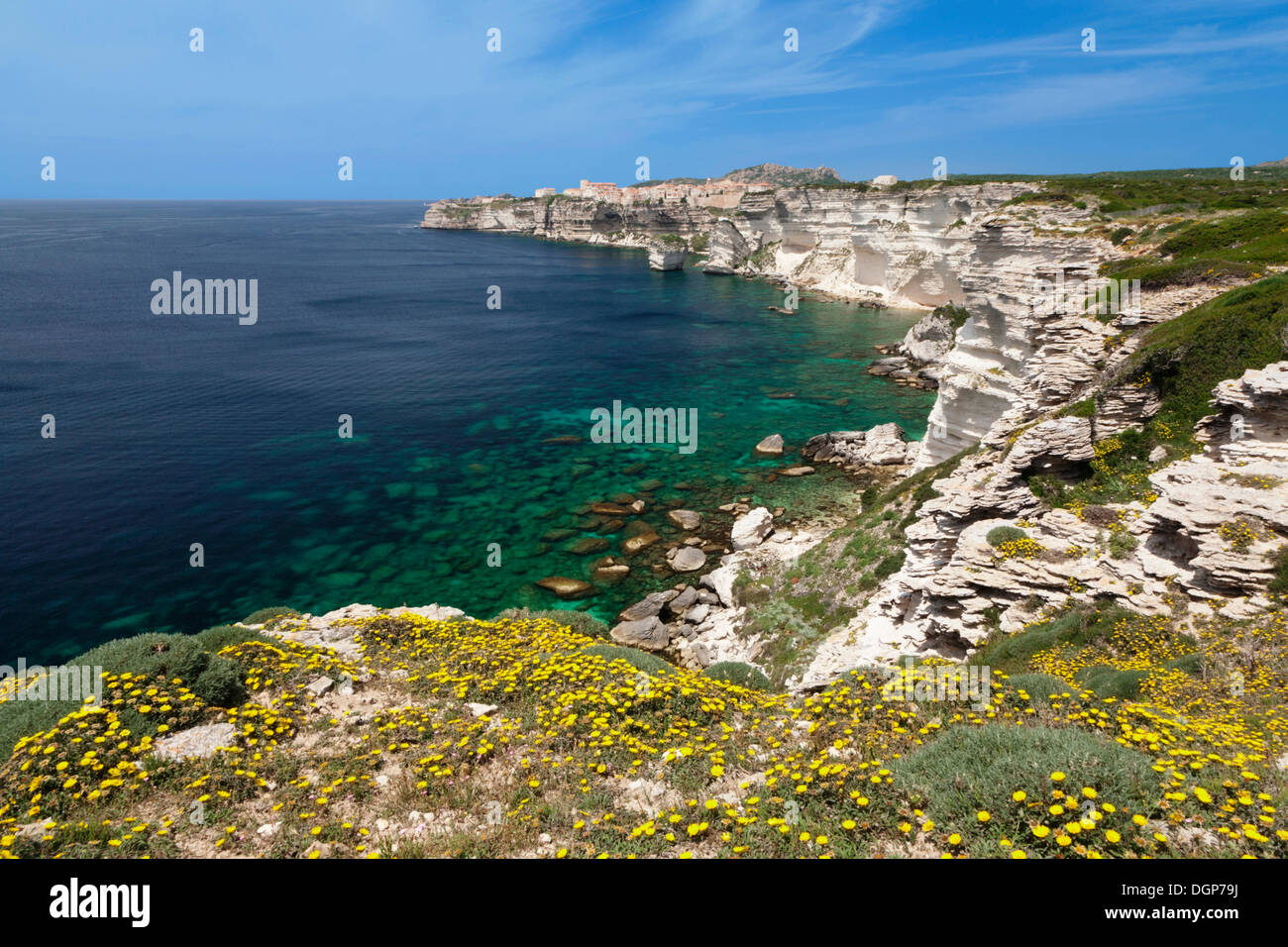 Rocky coastline with a view to Bonifacio, Strait of Bonifacio, Corsica ...